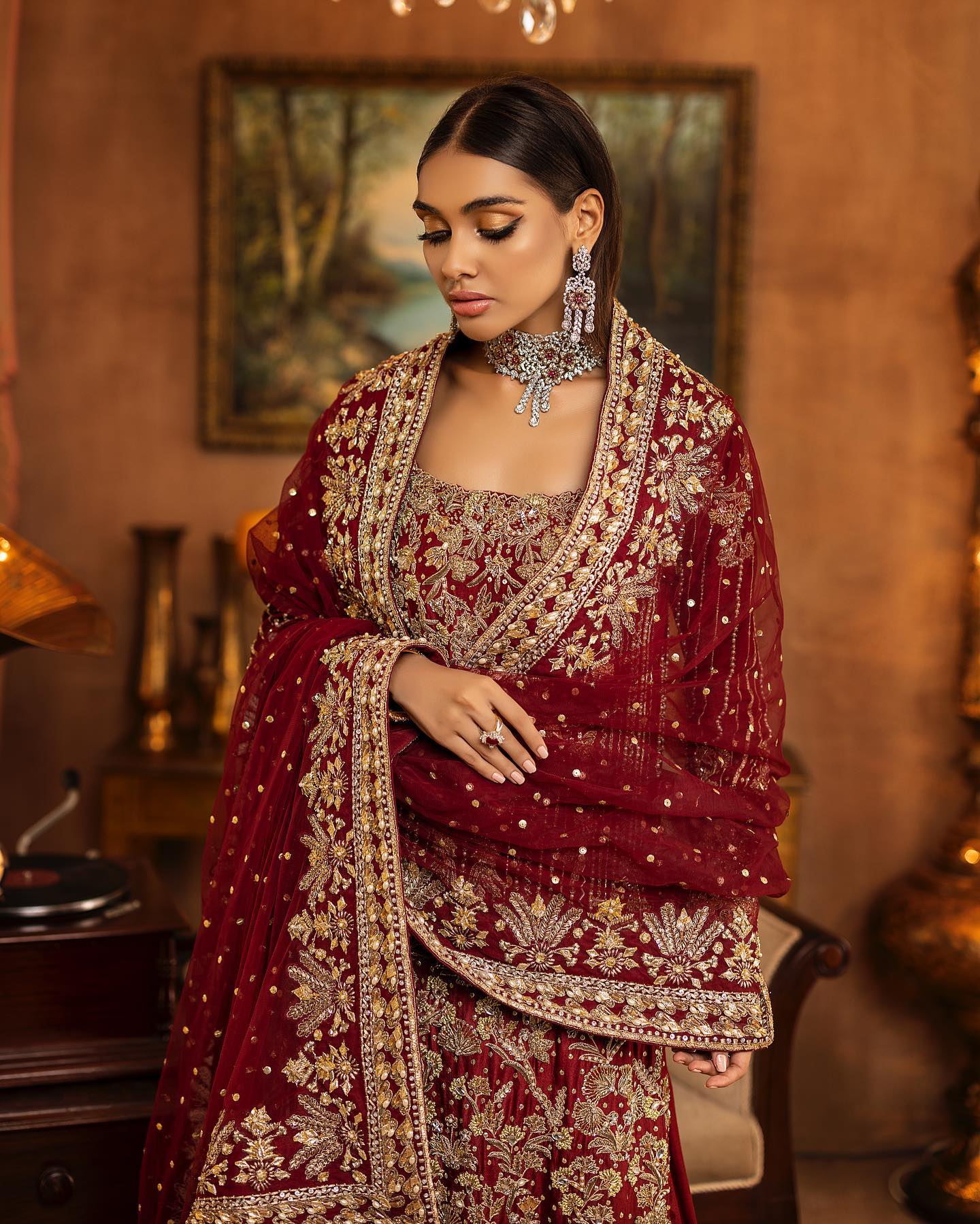Farshi Lehenga Kameez Deep Red Bridal Dress Pakistani – Nameera by Farooq