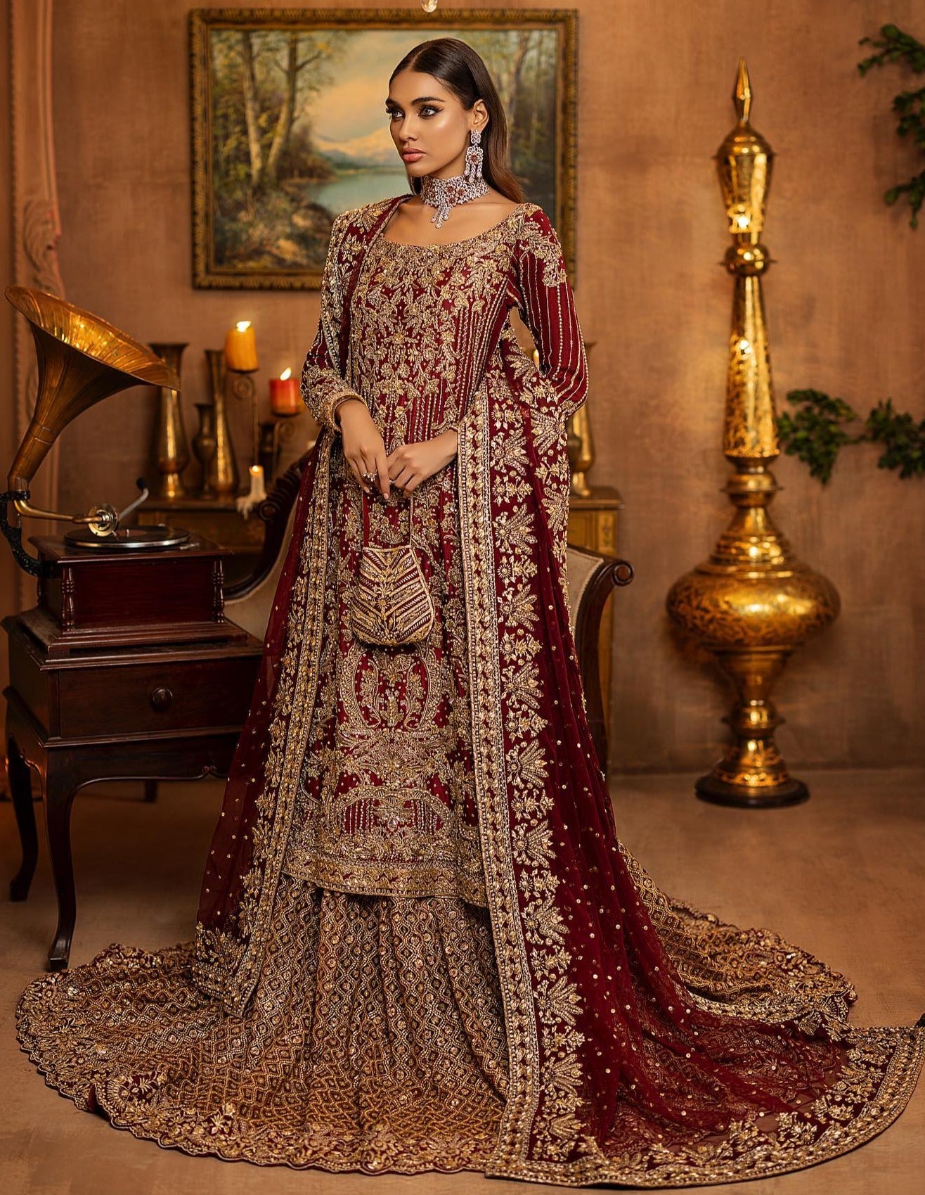 Farshi Lehenga Kameez Deep Red Bridal Dress Pakistani – Nameera by Farooq