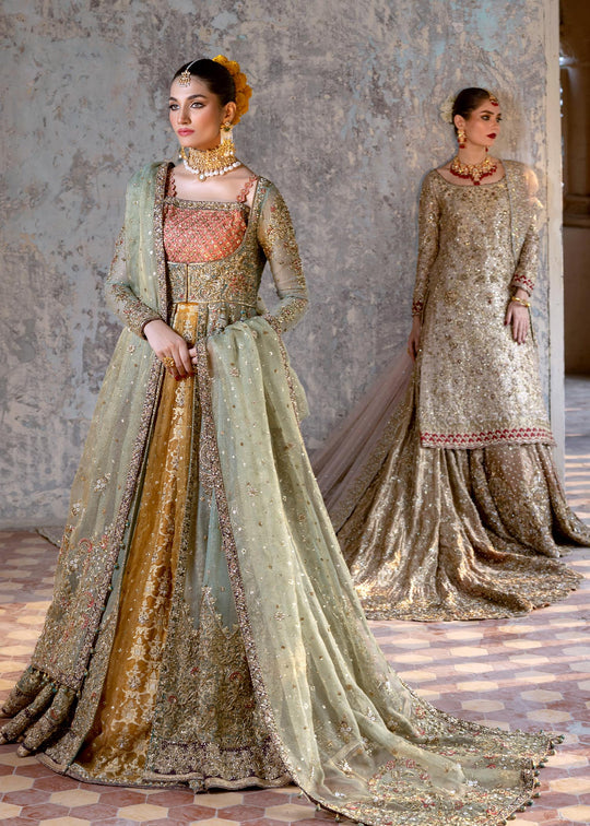 Front Open Gown Pakistani Bridal Dress with Lehenga – Nameera by Farooq