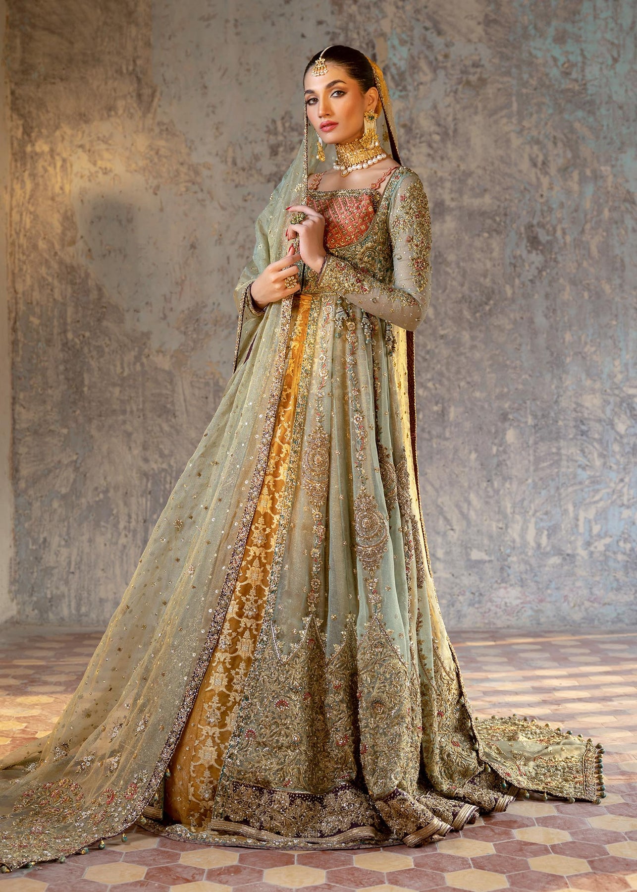 Front Open Gown Pakistani Bridal Dress with Lehenga – Nameera by Farooq