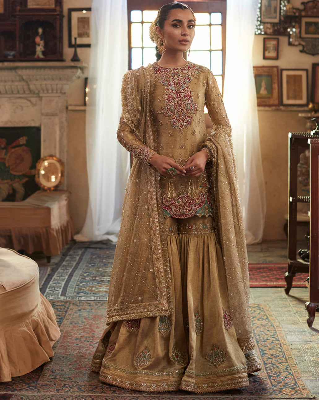 Gharara Dress in Tissue Fabric for Pakistani Bride – Nameera by Farooq