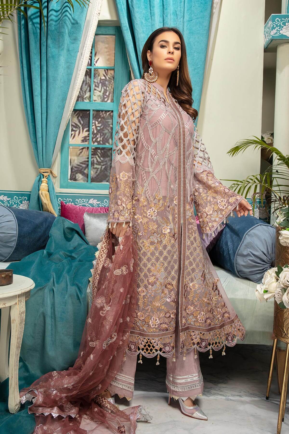 Girls Eid Dress Chiffon Embroidered in Lavender Color – Nameera by Farooq