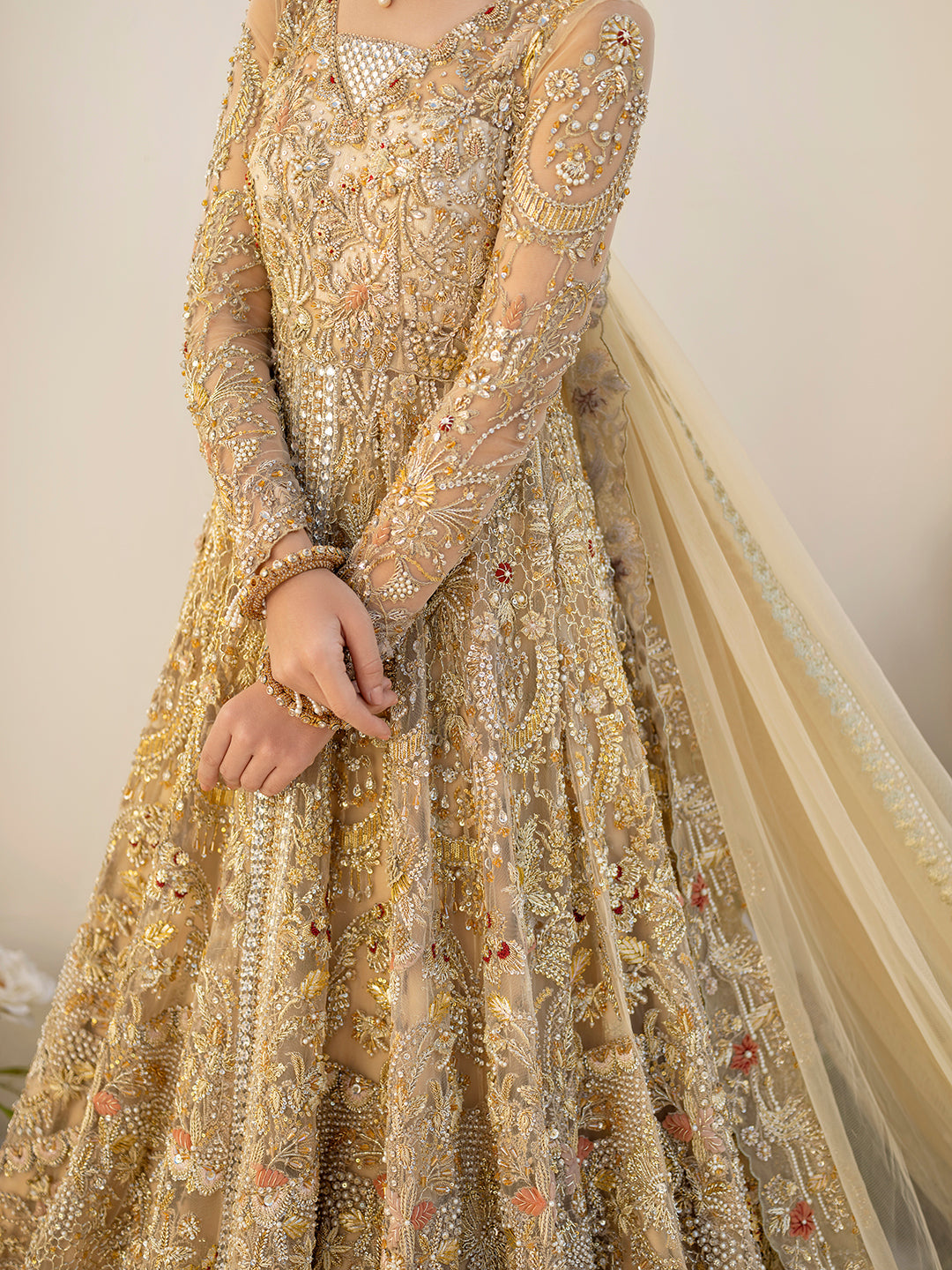 Golden Bridal Lehenga Gown Pakistani Wedding Dresses – Nameera by Farooq