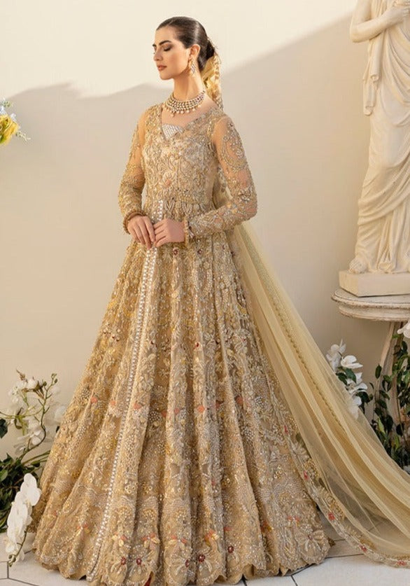 Golden Bridal Lehenga Gown Pakistani Wedding Dresses – Nameera by Farooq