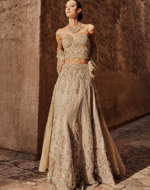 Heavy Golden Lehenga Choli Gown for Indian Bridal Wear – Nameera by Farooq