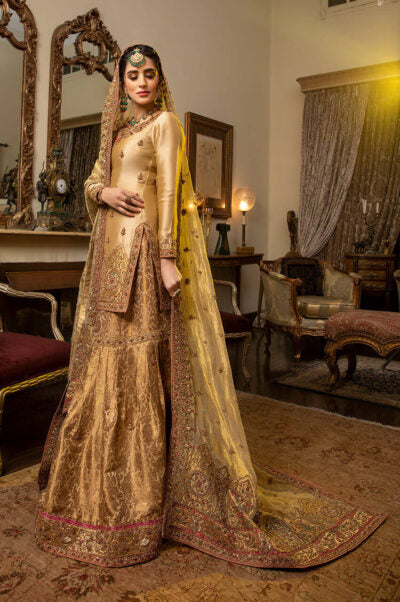 Golden Sharara Shirt for Pakistani Wedding Dresses – Nameera by Farooq