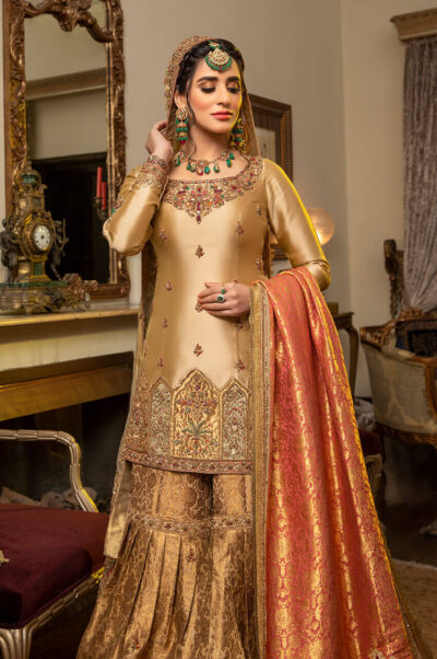Golden Sharara Shirt for Pakistani Wedding Dresses – Nameera by Farooq