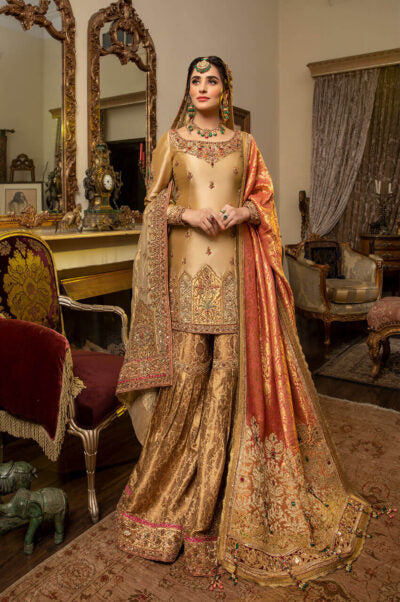 Golden Sharara Shirt for Pakistani Wedding Dresses – Nameera by Farooq