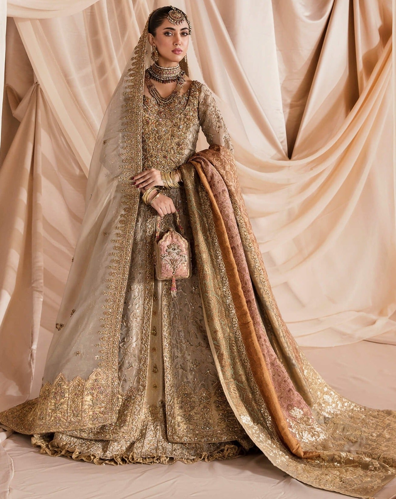 Heavy Golden Tissue Lehenga Pakistani Wedding Dresses – Nameera by Farooq