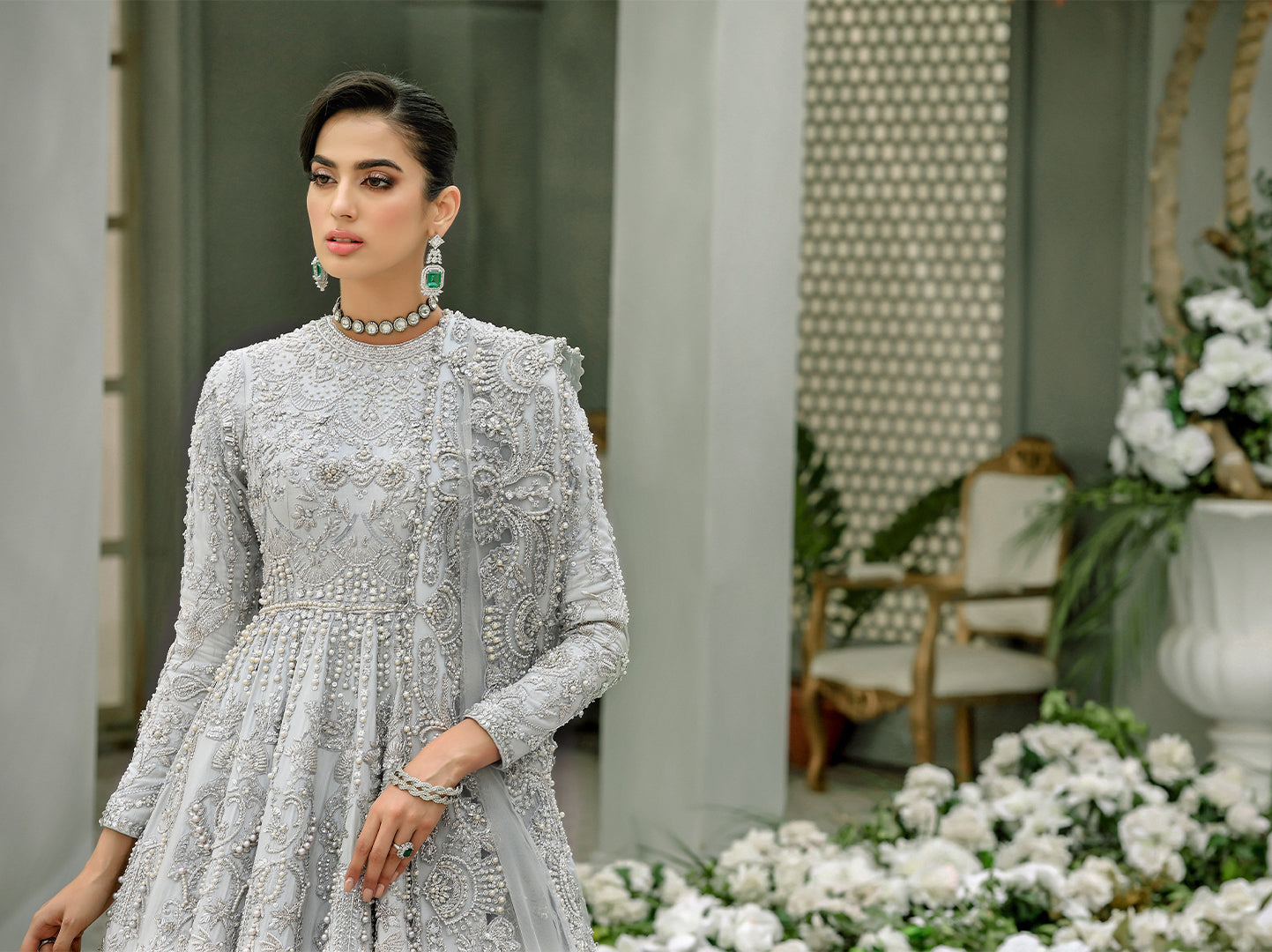 Embellished Grey Gown Lehenga Pakistani Wedding Dresses – Nameera by Farooq