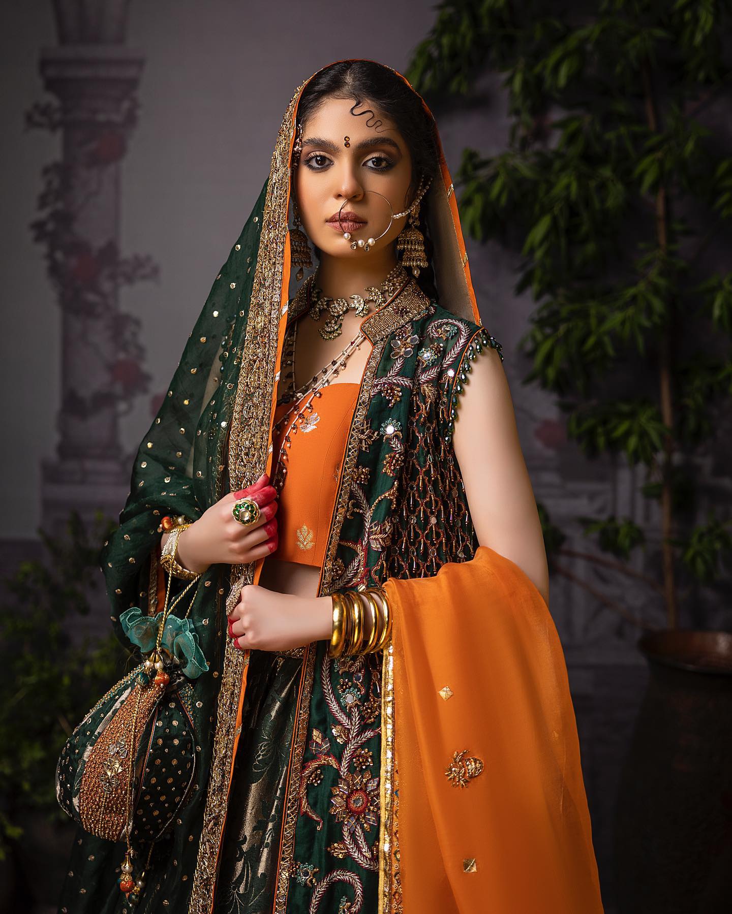 Green Lehenga with Choli and Open Gown Bridal Dress – Nameera by Farooq