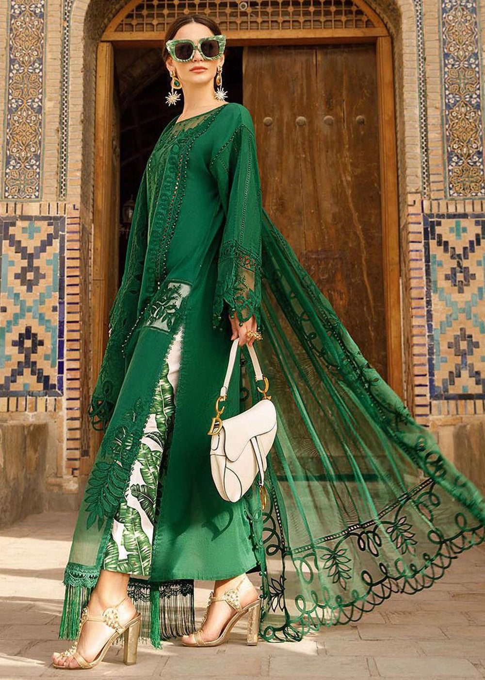 Green Long Kameez Capri for Pakistani Party Wear – Nameera by Farooq