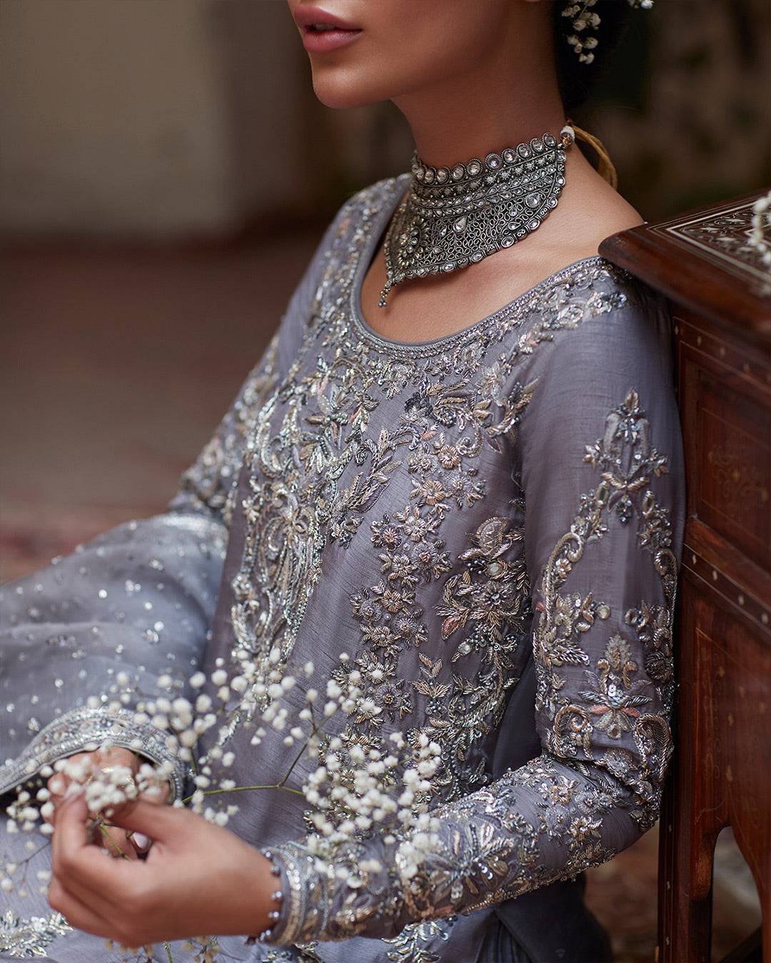 Grey Pakistani Wedding Dress in Kameez Sharara Style – Nameera by Farooq