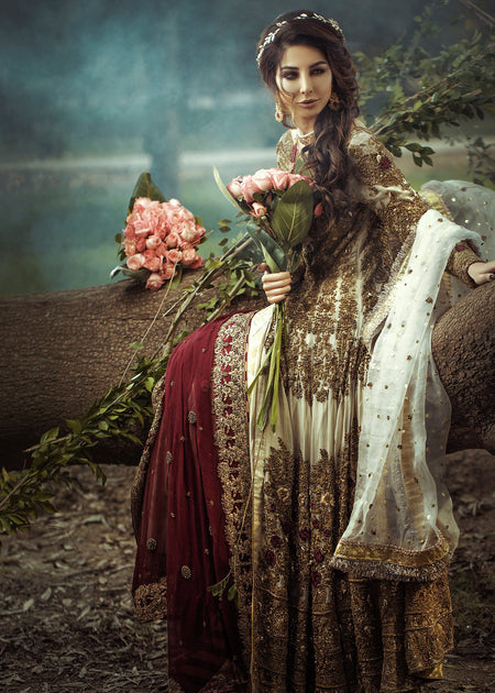 Groom and bridal dress in elegant white and maroon color – Nameera by ...