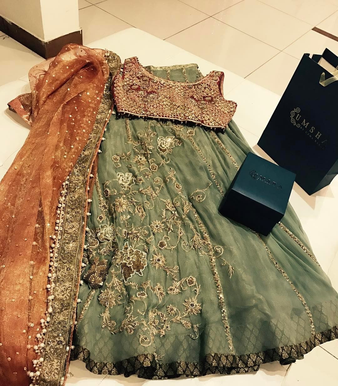 Dark green and rust heavy gharara set on jamawar and chiffon cloth Mod ...