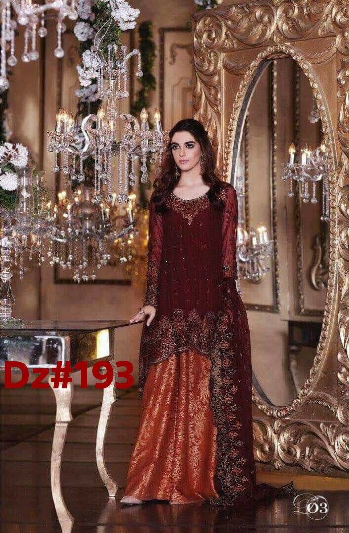 Chiffon dress by Maria b in maroon color Model #Eid 525 – Nameera by Farooq
