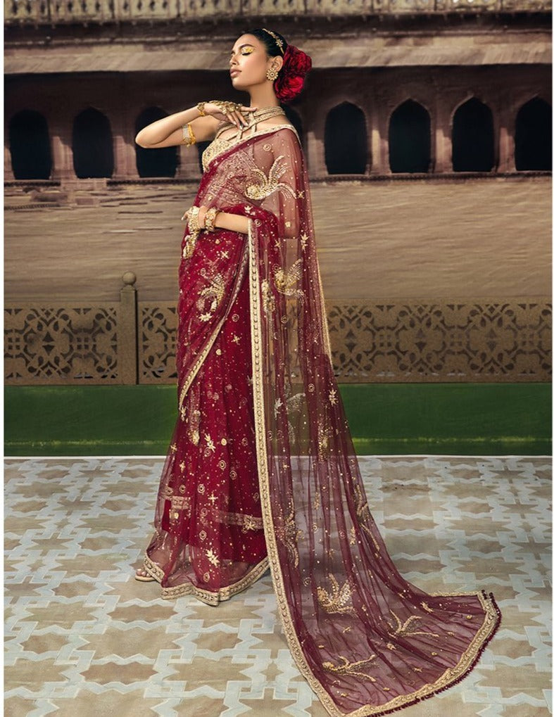 Indian Saree in Dark Red Color with Blouse for Bride – Nameera by Farooq