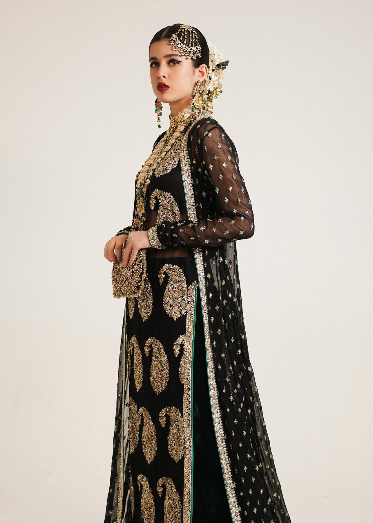 Black Indian Wedding Dress in Gown and Sharara Style – Nameera by Farooq
