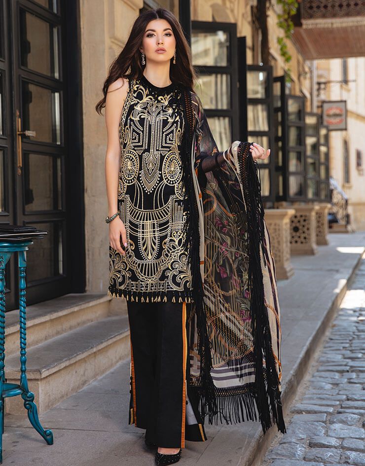 Indian embroidered linen dress with digital prints – Nameera by Farooq