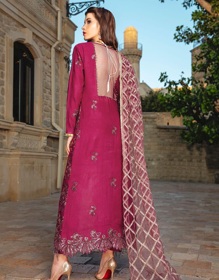 Indian linen dress embroidered in pink maroon color – Nameera by Farooq