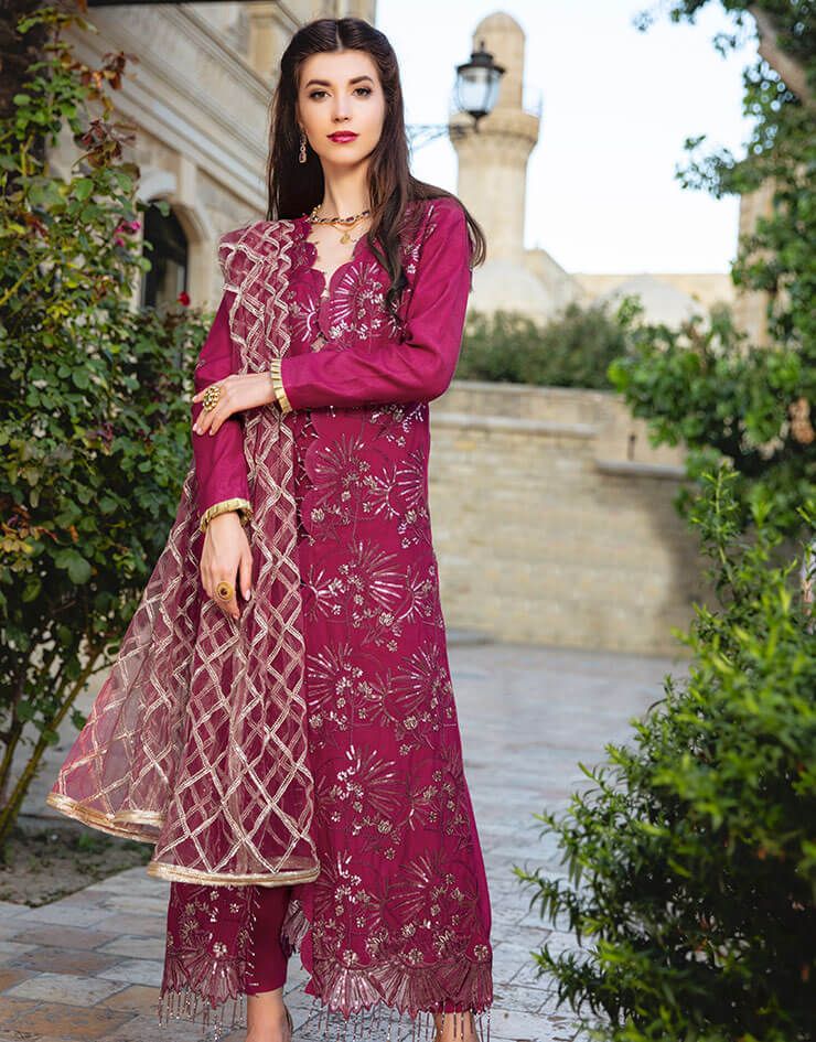 Indian linen dress embroidered in pink maroon color – Nameera by Farooq