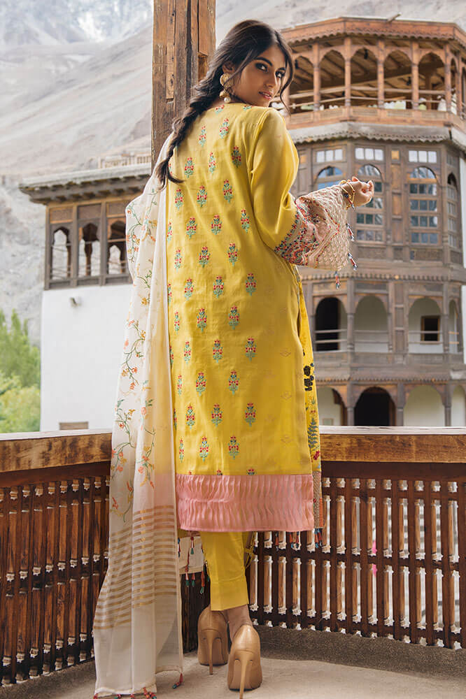 Indian masuri embroidered dress in mari gold color – Nameera by Farooq