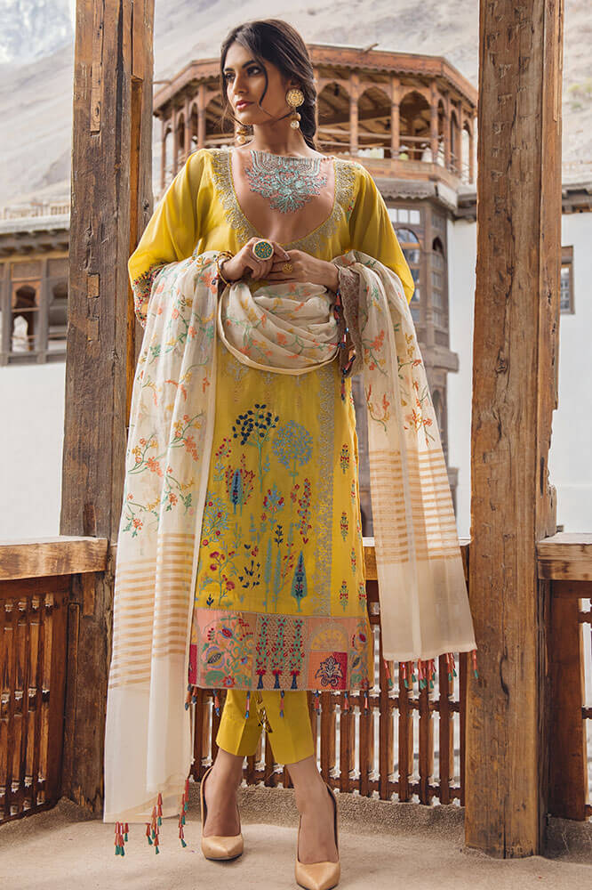 Indian masuri embroidered dress in mari gold color – Nameera by Farooq