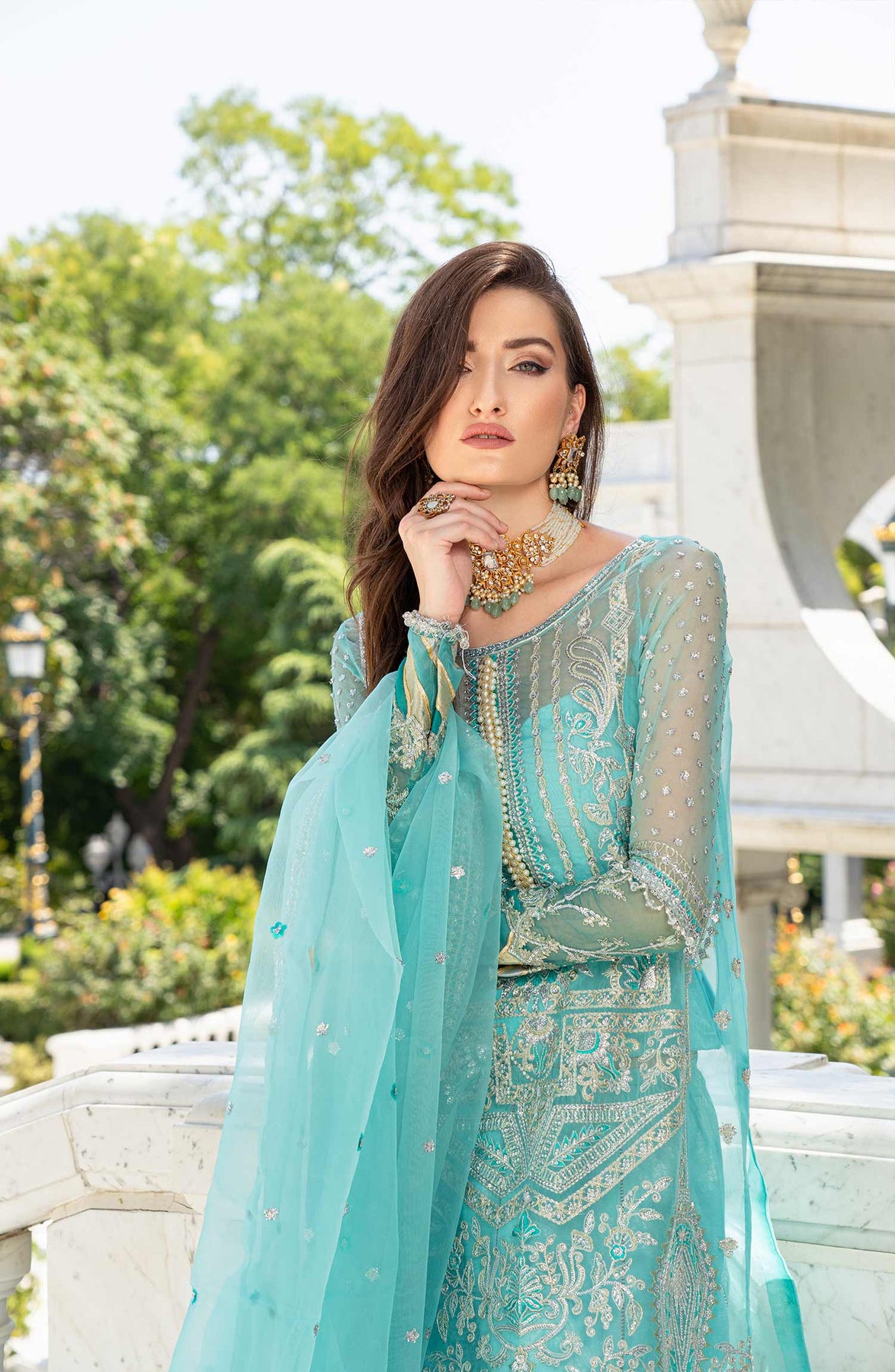 Kameez Trouser Dupatta Embroidered Pakistani Blue Dress – Nameera by Farooq
