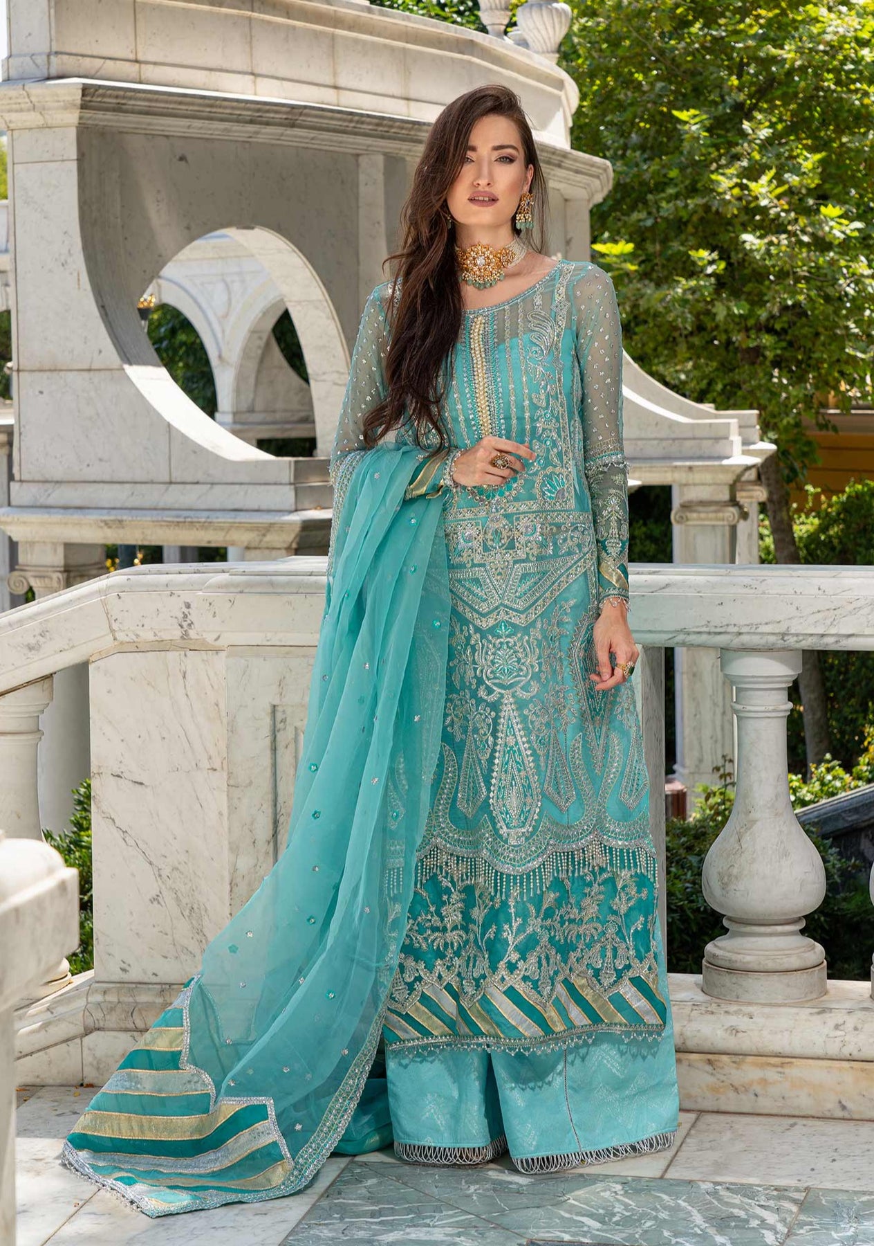 Kameez Trouser Dupatta Embroidered Pakistani Blue Dress – Nameera by Farooq