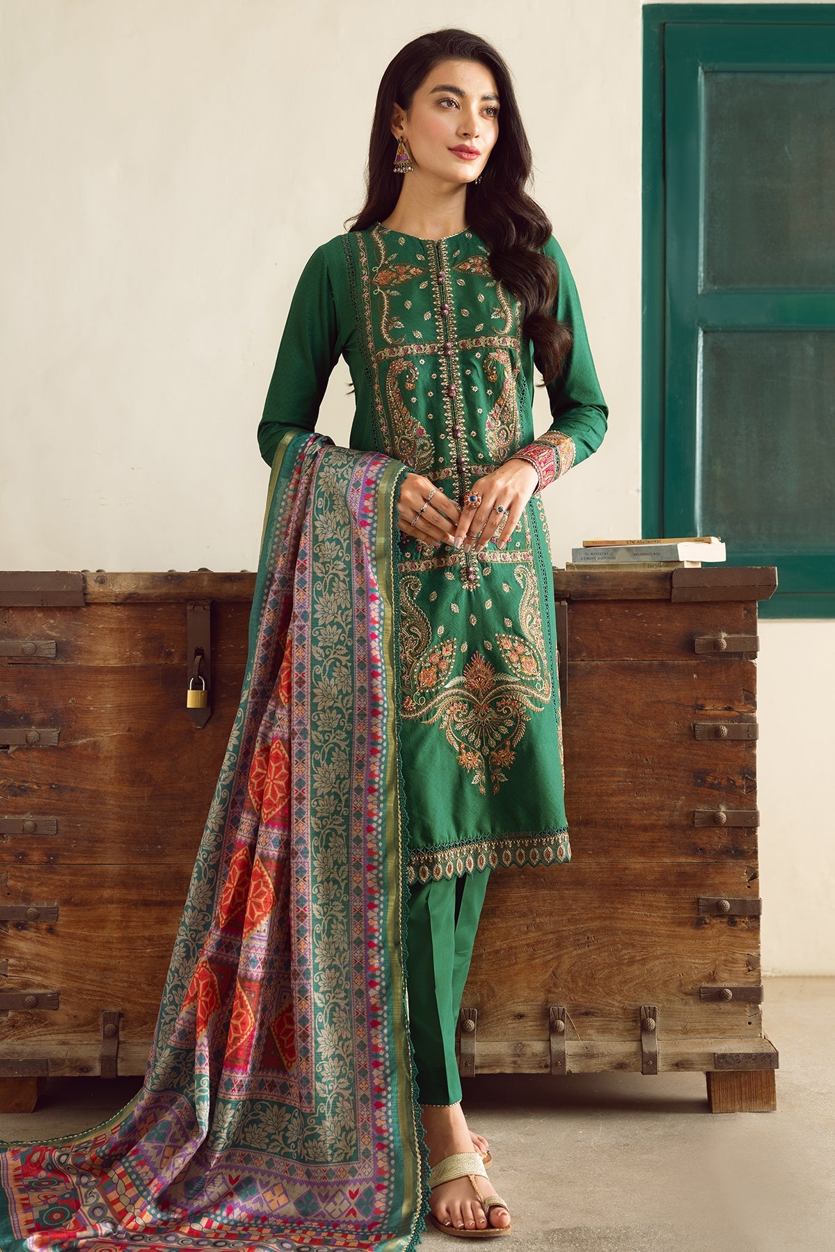 Kameez Trouser Dupatta Pakistani Green Dress for Eid – Nameera by Farooq