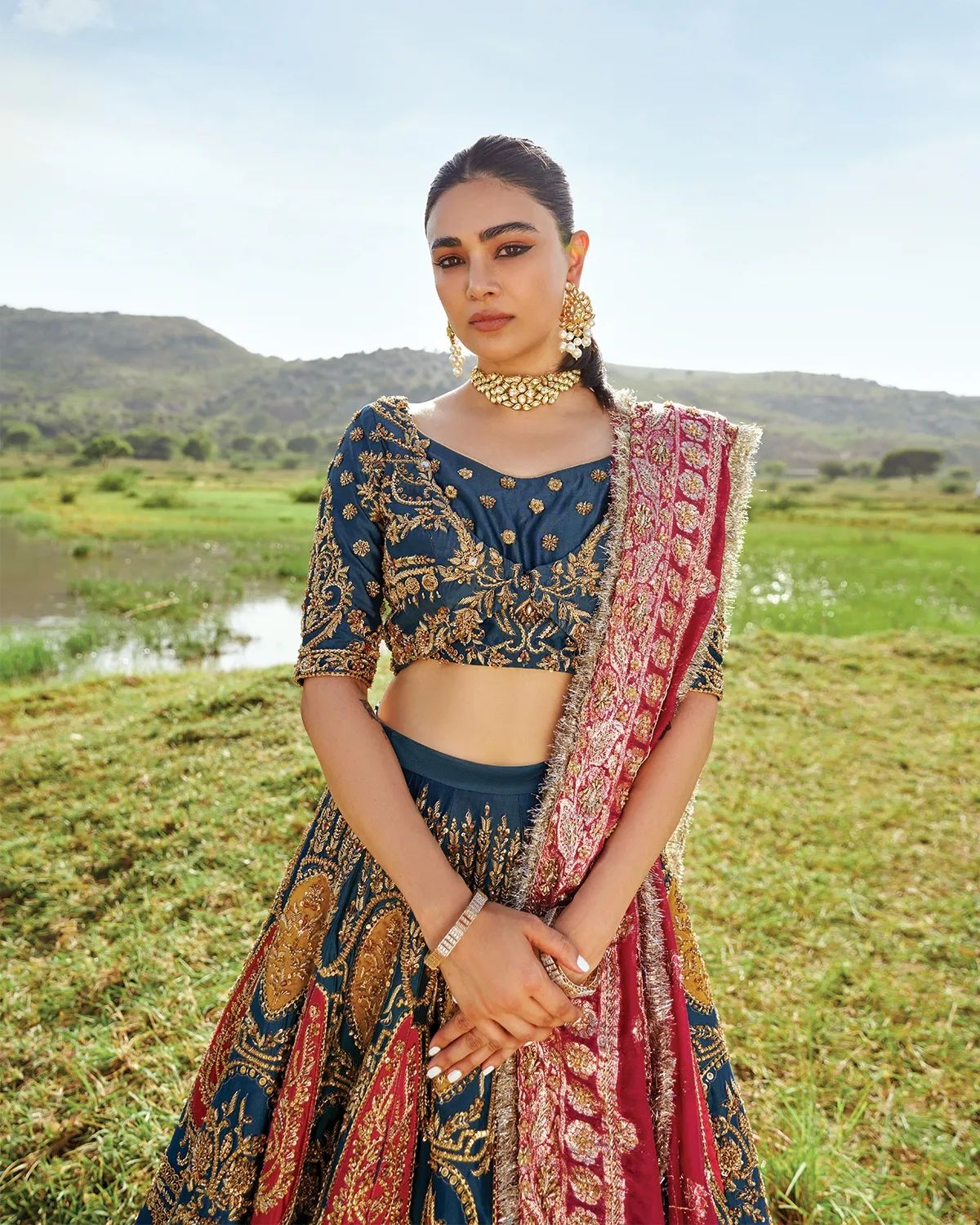 Embellished Bridal Wedding Dress in Lehenga Choli Style – Nameera by Farooq