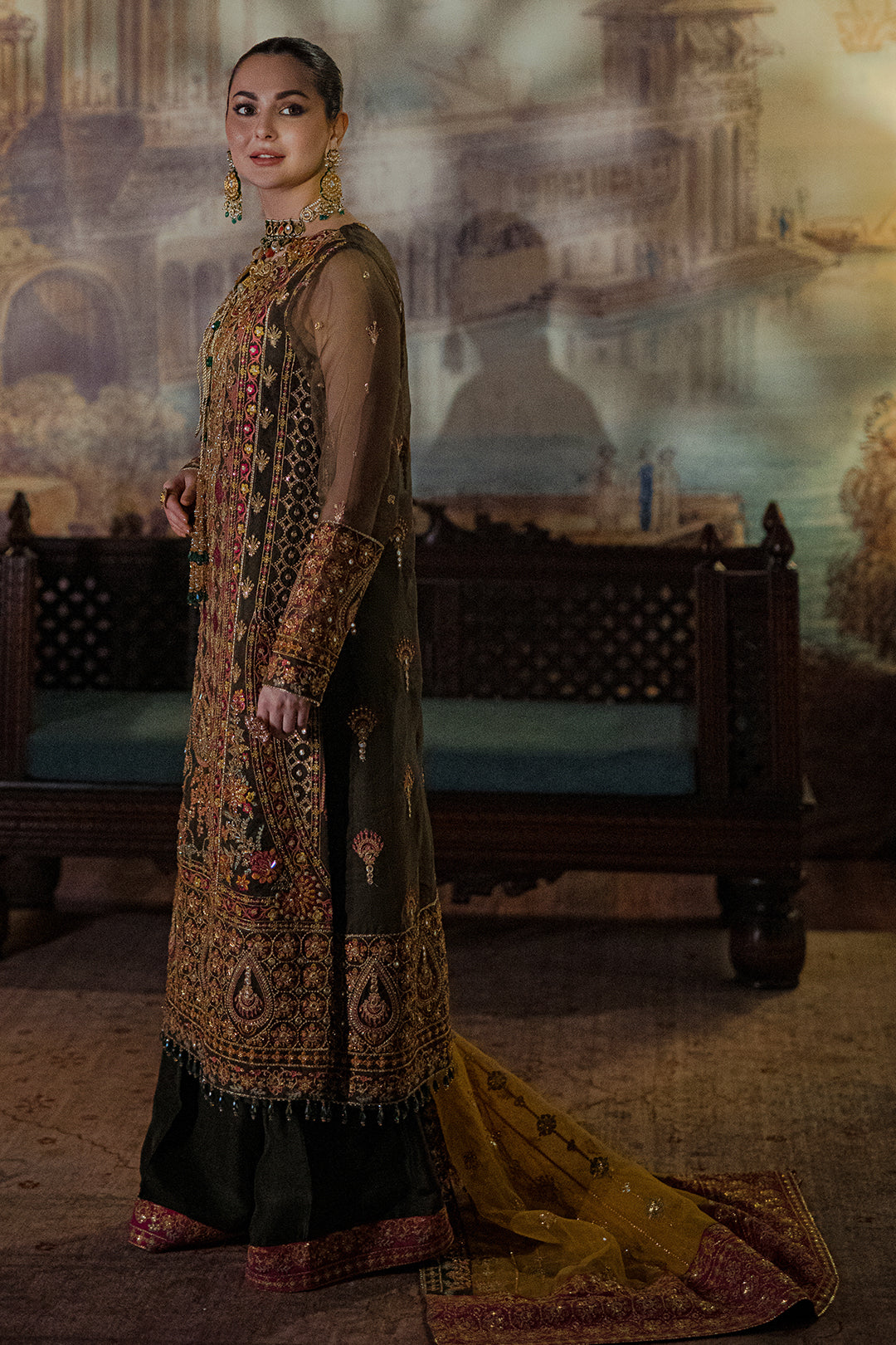 Embellished Green Mehndi Dress in Kameez Trouser Style – Nameera by Farooq