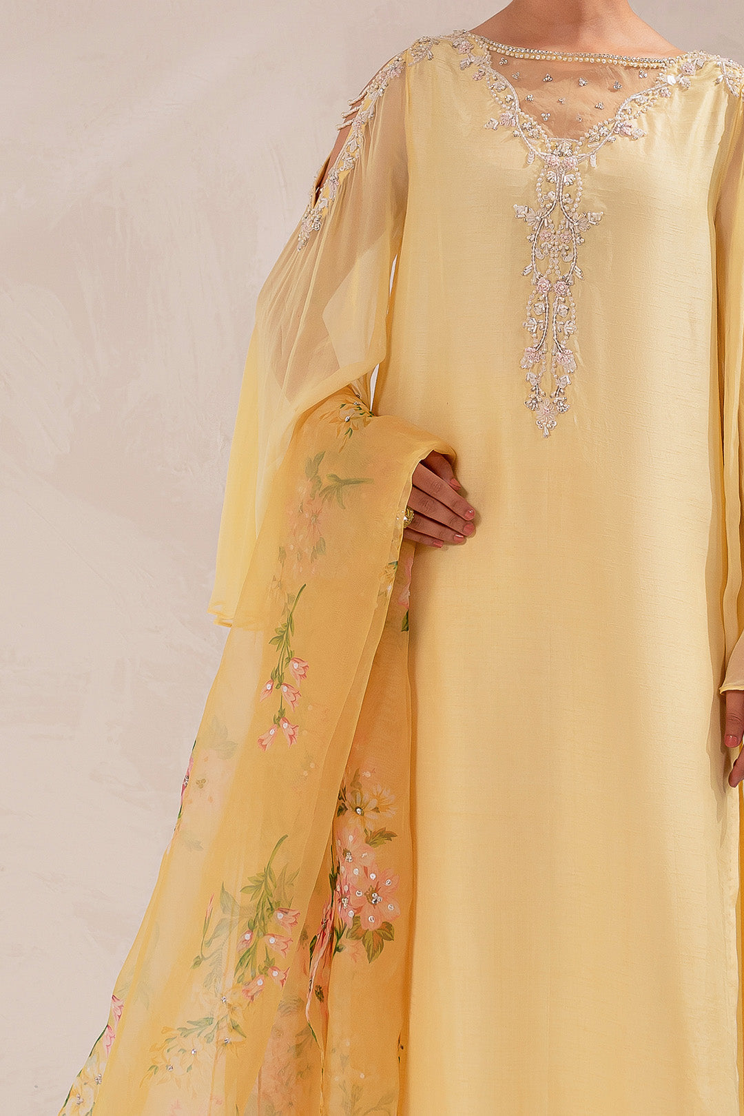 Embellished Raw Silk Pakistani Eid Dress in Yellow – Nameera by Farooq
