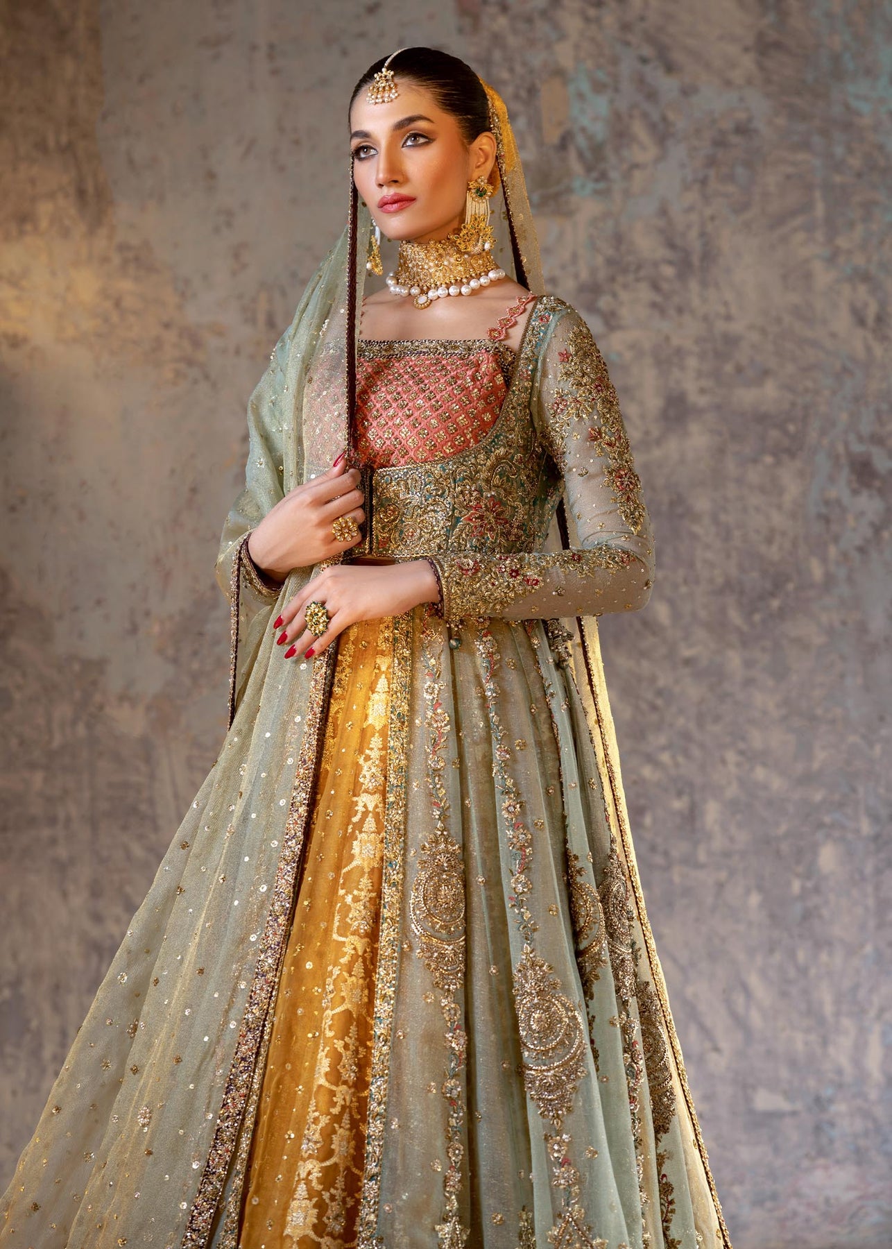 Front Open Gown Pakistani Bridal Dress with Lehenga – Nameera by Farooq