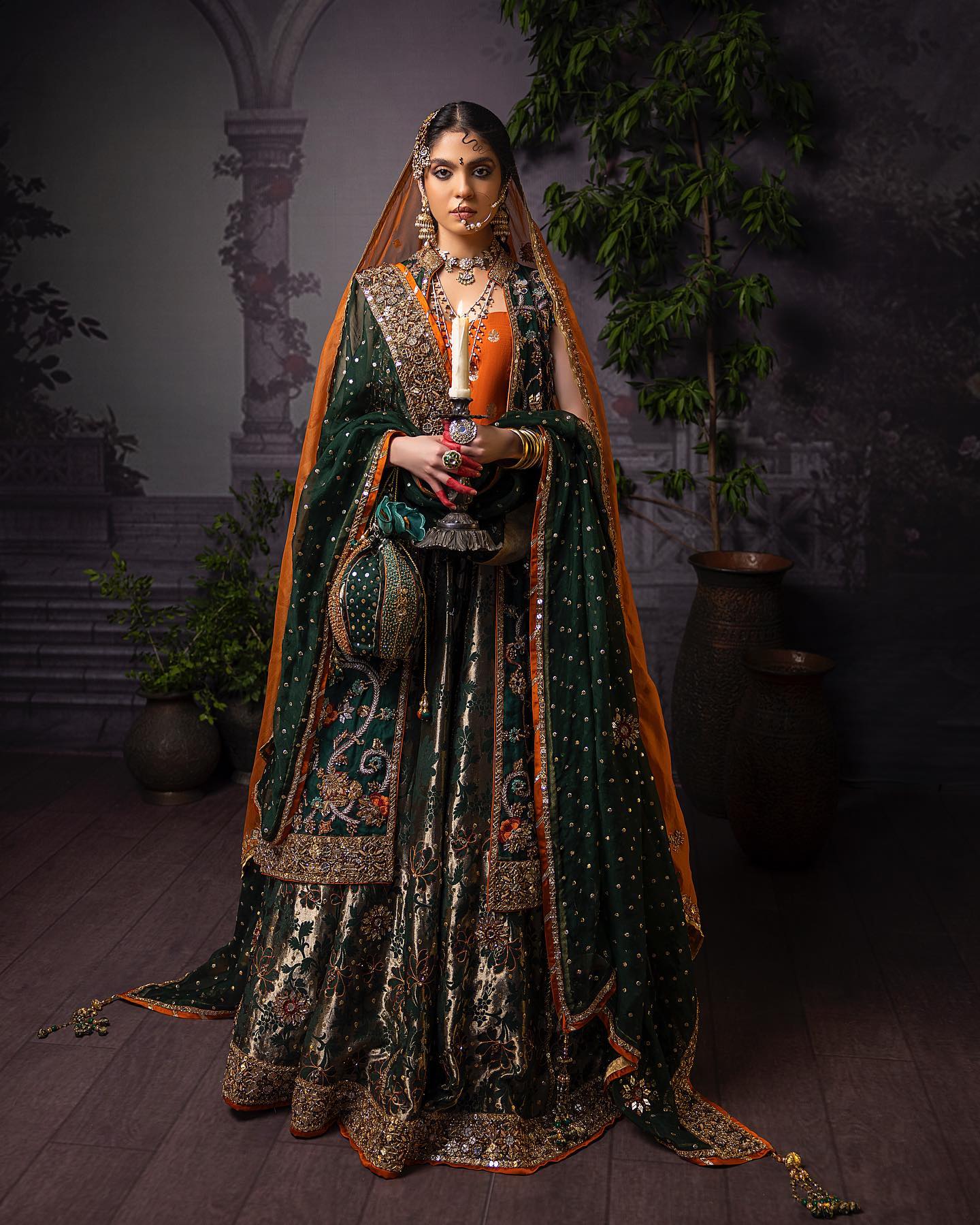 Green Lehenga with Choli and Open Gown Bridal Dress – Nameera by Farooq