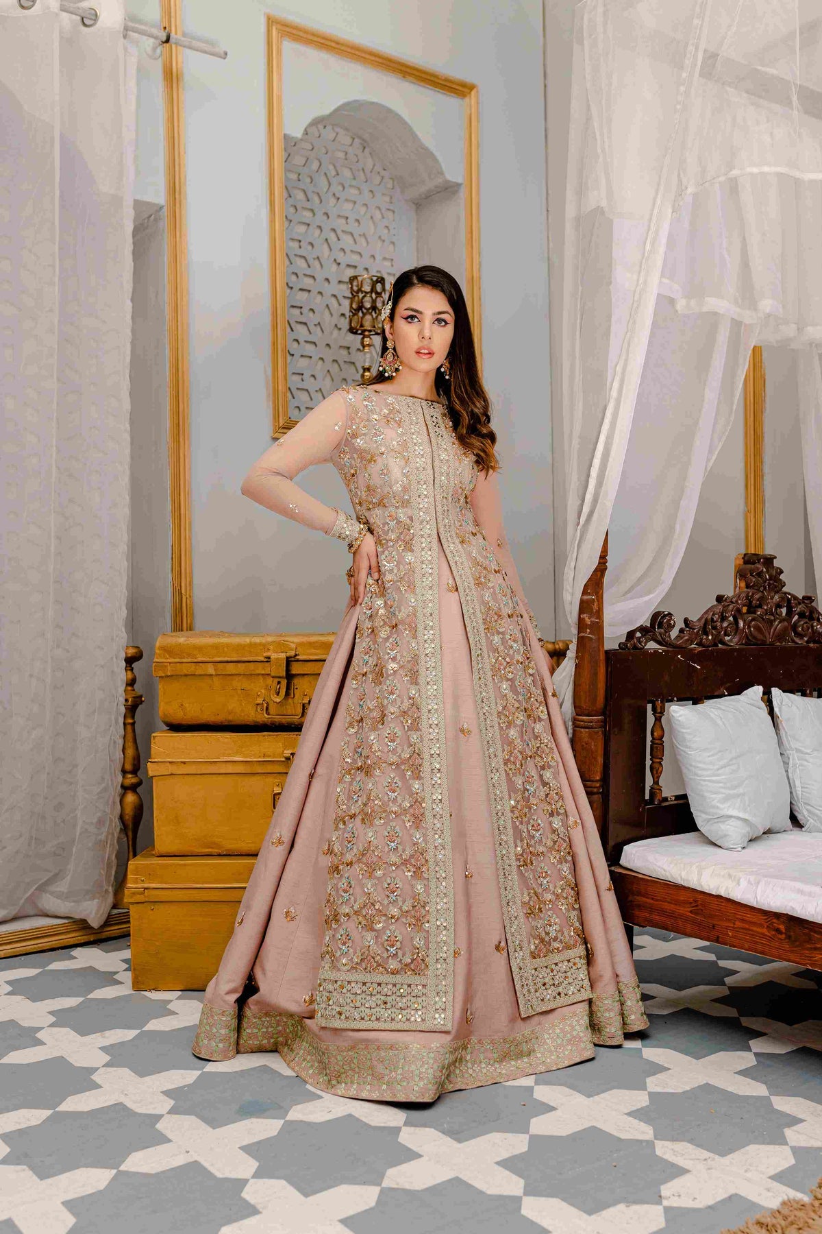 Buy Lehenga and Front Open Gown Pakistani Wedding Dress – Nameera by Farooq