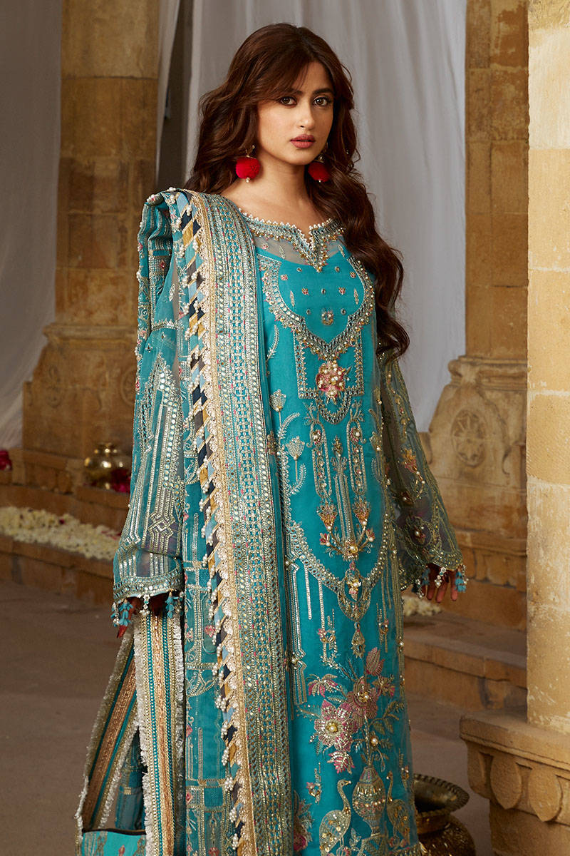 Pakistani Blue Dress in Wedding Kameez Trouser Style – Nameera by Farooq
