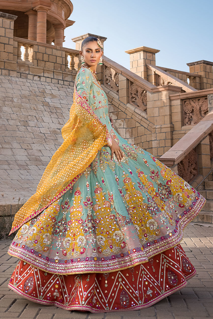 Pakistani Bridal Lehenga Frock and Dupatta Mehndi Dress – Nameera by Farooq