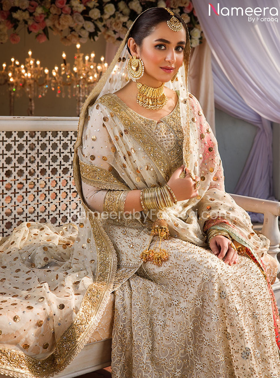 Pakistani Bridal Sharara with Short Shirt Dress in Ivory – Nameera by ...