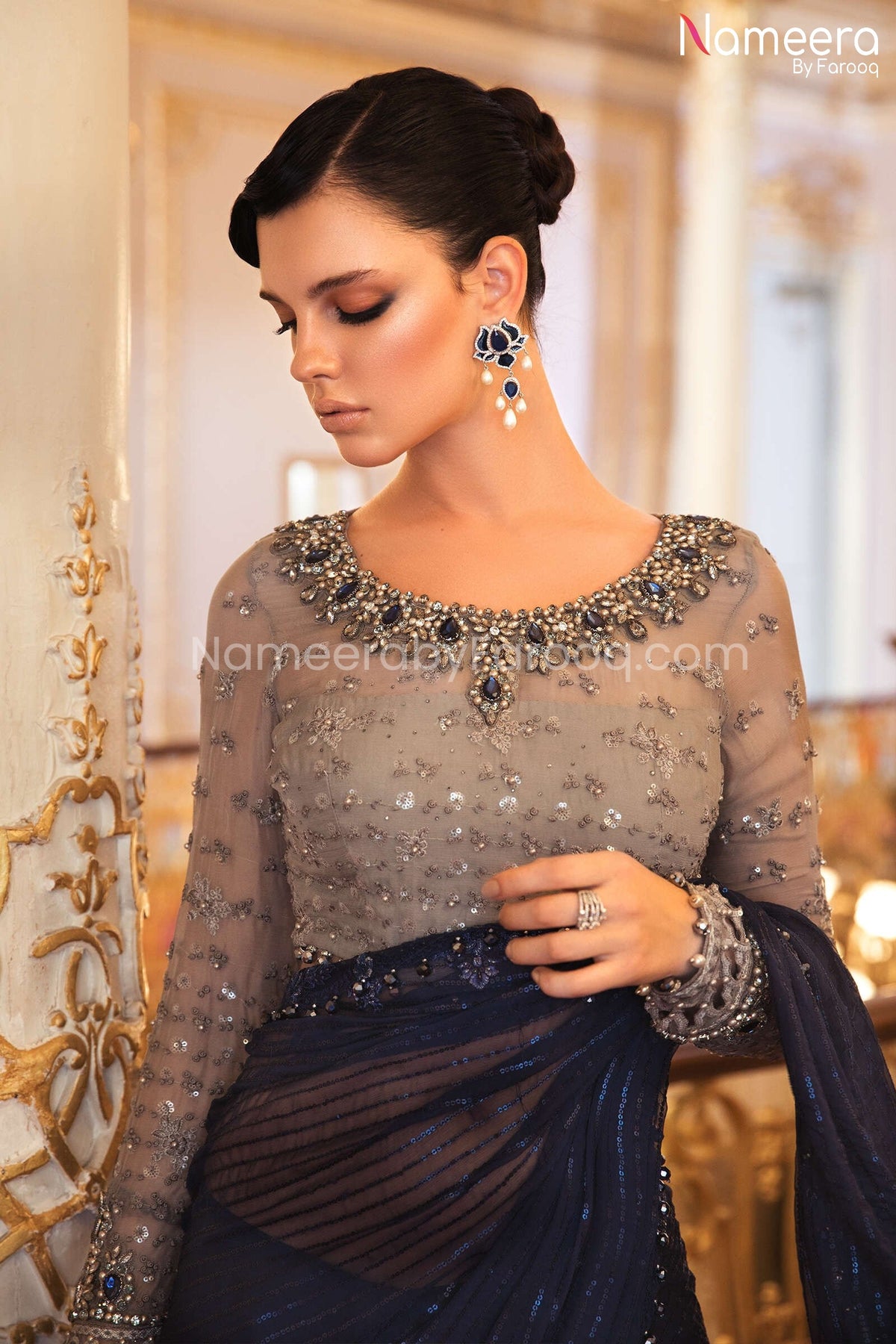 Buy Latest Pakistani Designer Saree in Blue Color 2021 – Nameera by Farooq