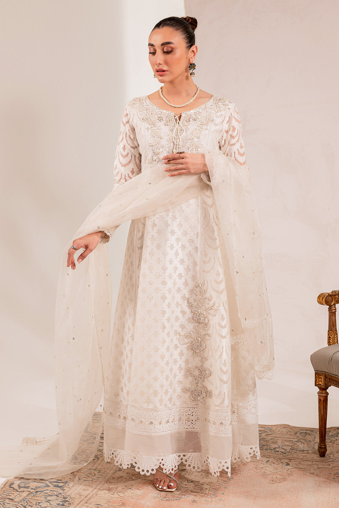 Pakistani Eid Dress in Royal White Pishwas Frock Style – Nameera by Farooq