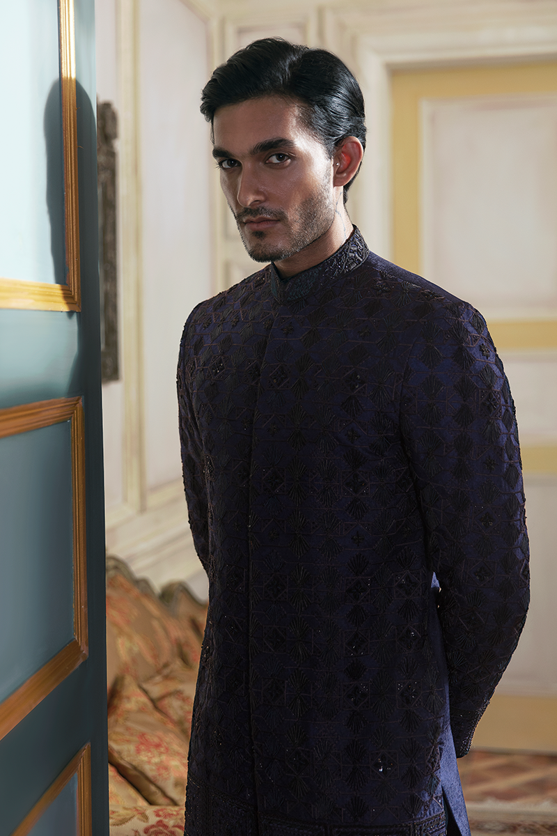 Buy Pakistani Groom Dress in Jamawar Blue Sherwani Style in Florida ...