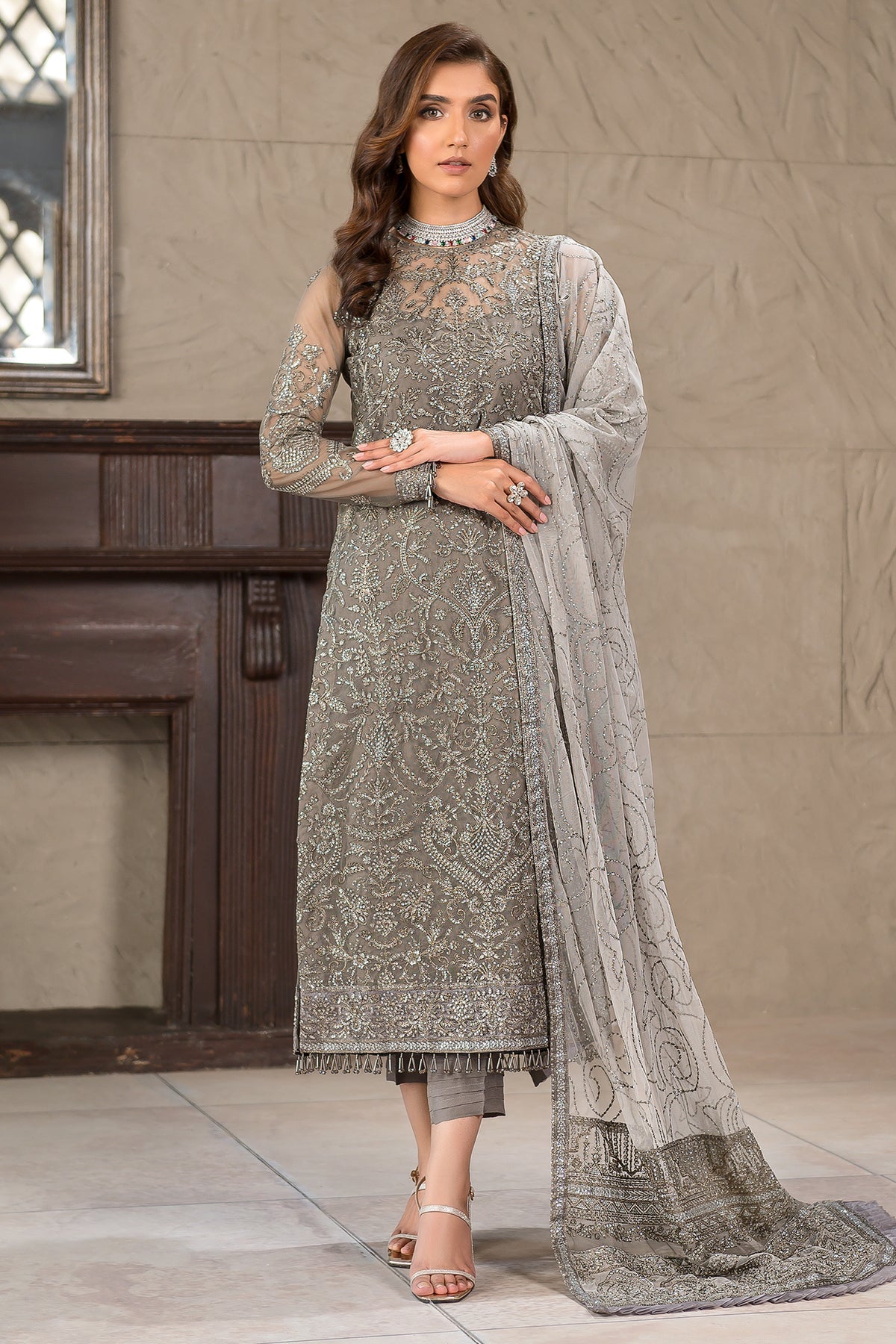 Buy Pakistani Kameez Capri Party Wear in Greyish Black – Nameera by Farooq