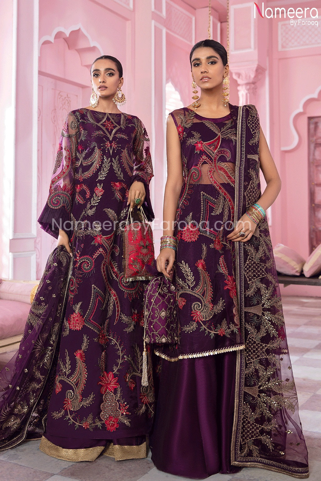 Buy Pakistani Punjabi Plazo Suit with Embroidery Online – Nameera by Farooq