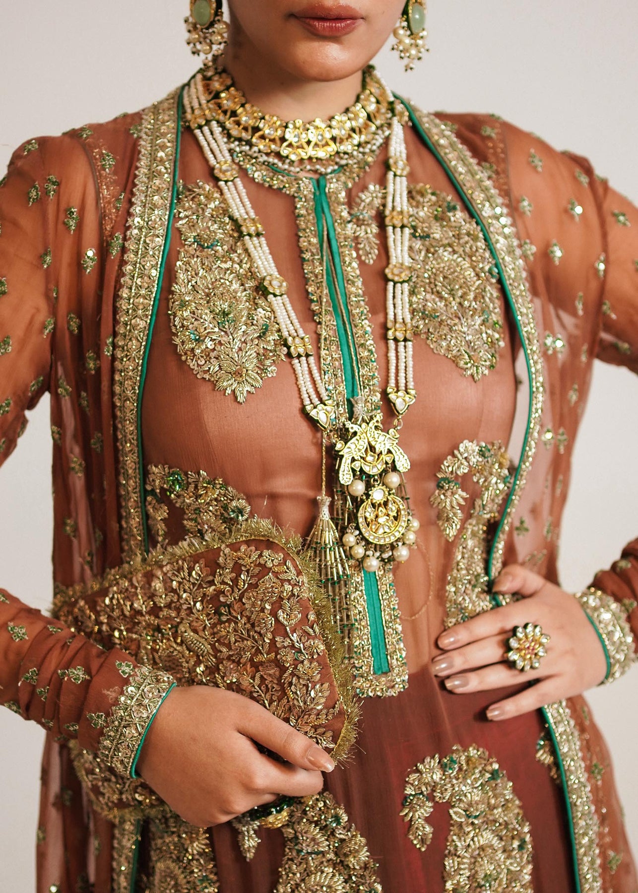 Pakistani Wedding Dress in Brown Sharara and Gown Style – Nameera by Farooq