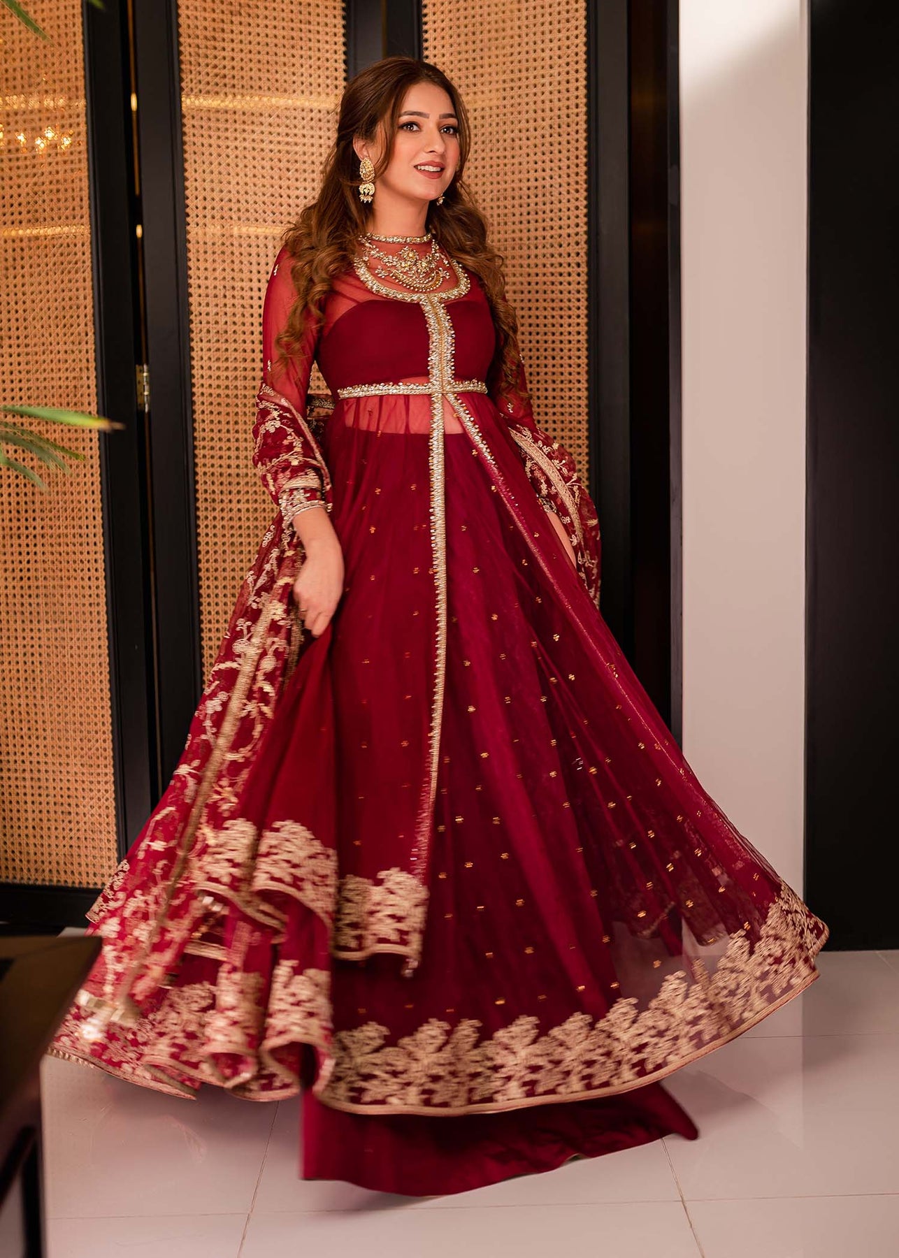 Pakistani Wedding Dress in Double-Layered Pishwas Style – Nameera by Farooq