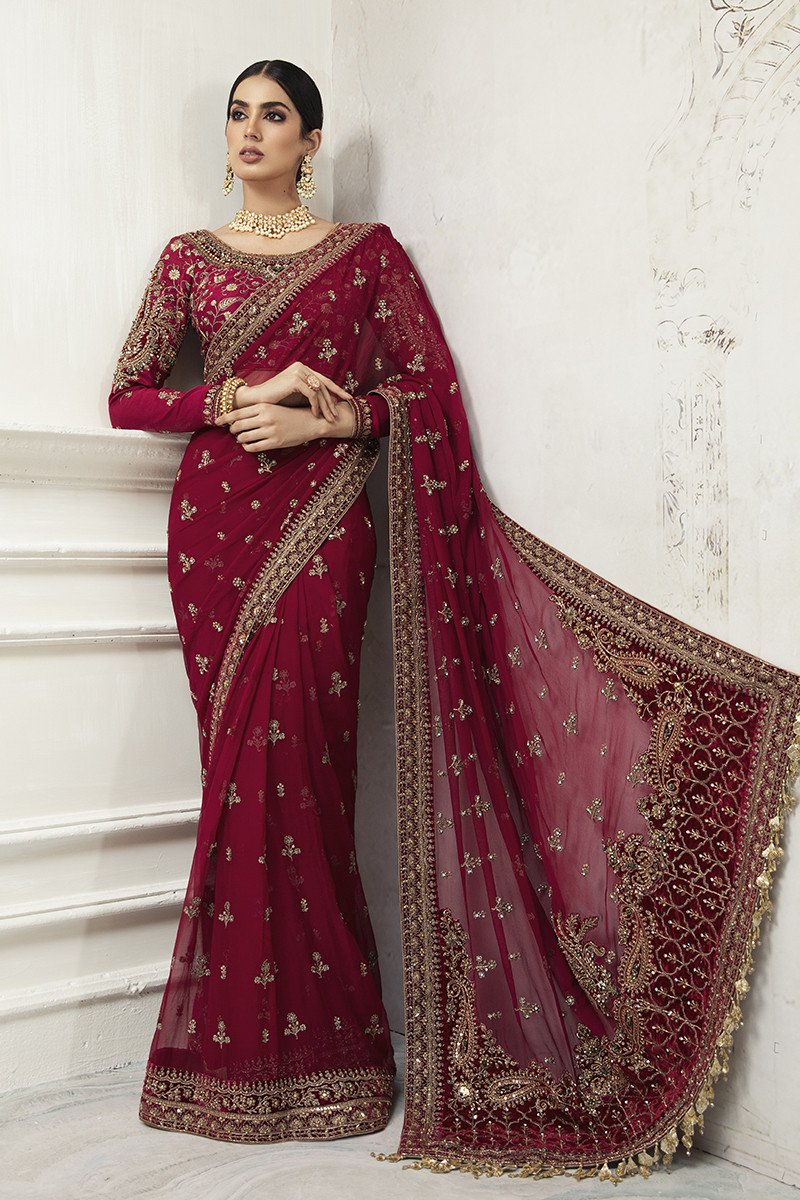 Latest Traditional Pakistani Wedding Maroon Red Saree Dress – Nameera ...