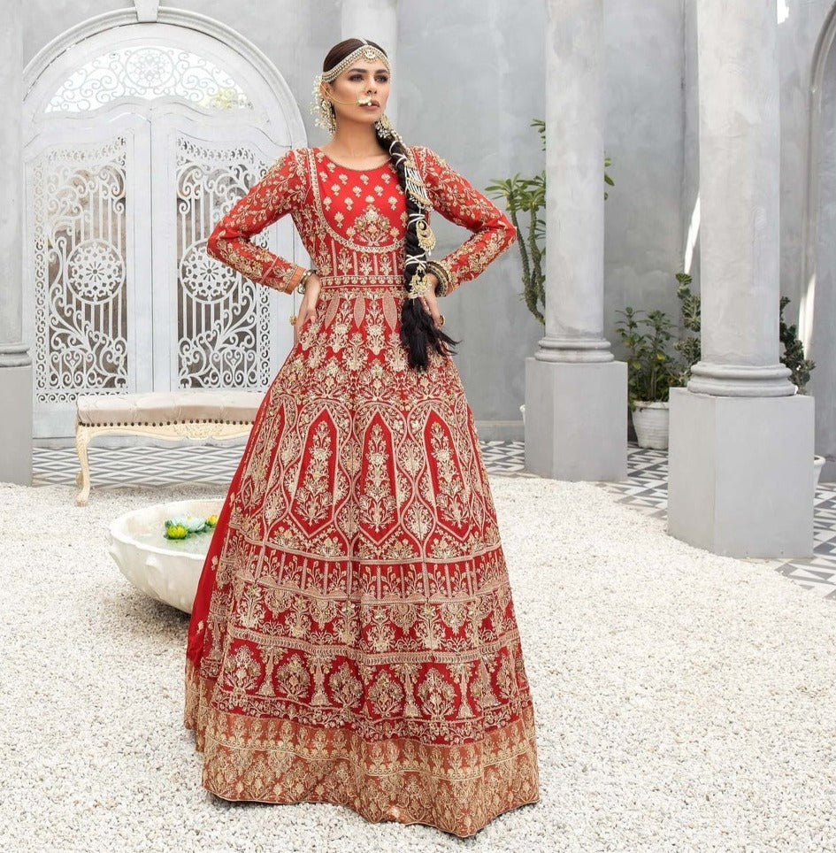 Red Pakistani Bridal Dress in Gown and Dupatta Style – Nameera by Farooq