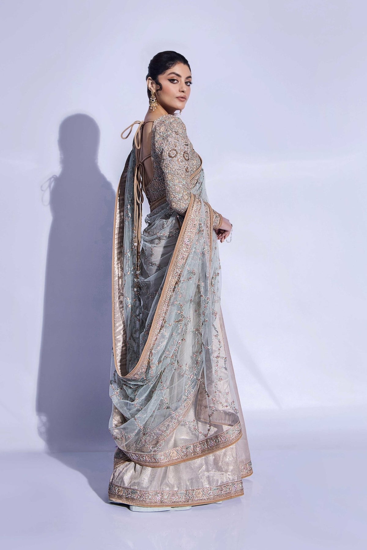 Royal Bridal Wedding Dress in Embroidered Saree Style – Nameera by Farooq