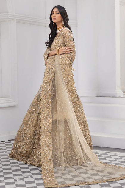 Royal Pakistani Bridal Maxi with Lehenga Dress in Golden Color ...